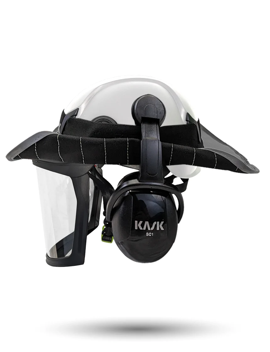 White KASK Zenith X2 ANSI Safety Helmet with Full-Face Visor Kit (Clear) & Green Ear Muffs (Low ...