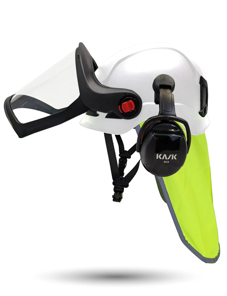 White KASK Zenith X2 Helmet w/Full Visor, Muffs, Neck Guard (Yellow ...