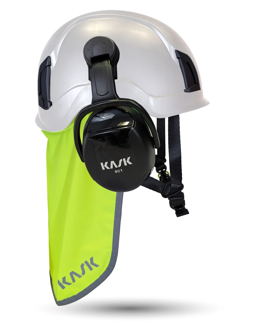 White KASK Zenith X2 ANSI Safety Helmet with Green Ear Muffs (Low to ...