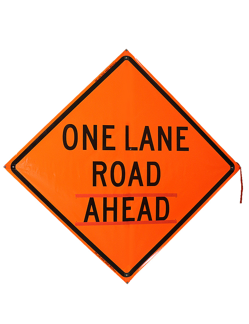 48" Heavy Duty Roll Up Sign w/ Velcro for Overlays ONE LANE ROAD AHEAD ...