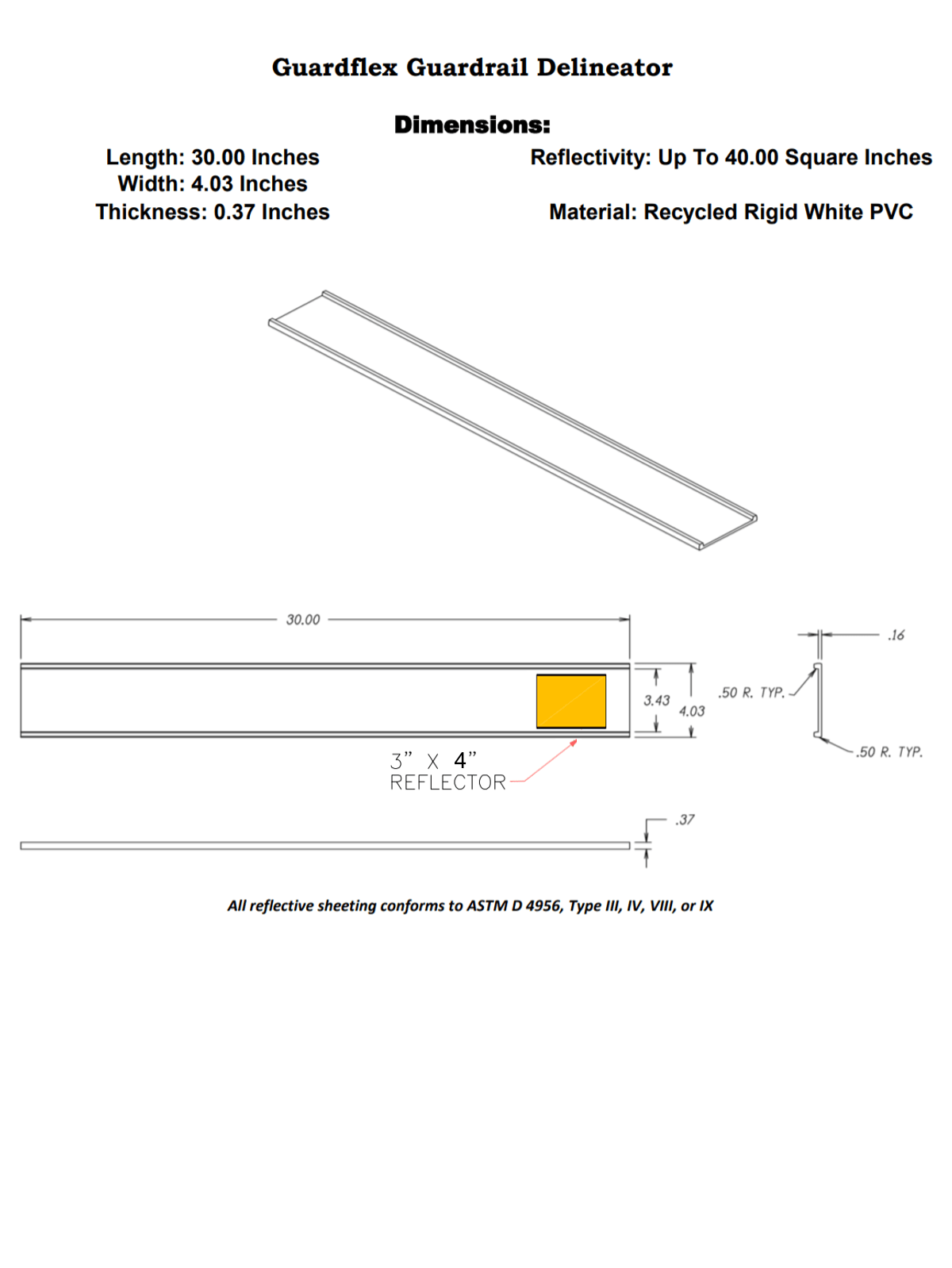 30" GUARDFLEX GUARDRAIL DELINEATOR, WHITE with two Reflective Panel and ...