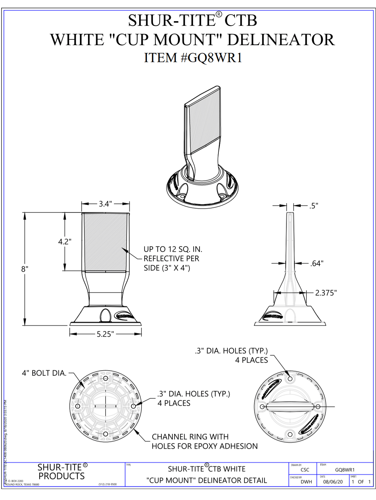 Shur-Tite Cup Mount Delineator w/ Reflective Orange, Blue Screws | BG ...