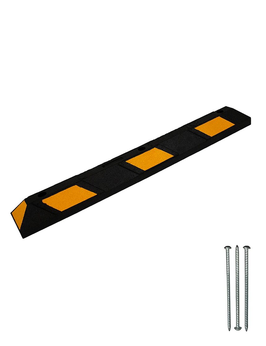4' Recycled Rubber Parking Block w/Yellow Reflective Tape & 14" Rebar ...