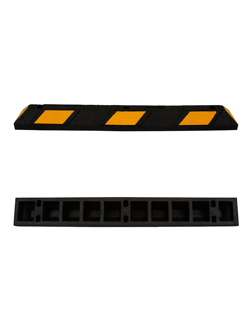 4' Recycled Rubber Parking Block w/Yellow Reflective Tape & 14" Rebar ...