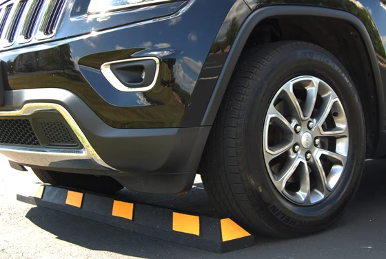 6' Recycled Rubber Parking Block w/Yellow Reflective Tape & 14" Rebar ...