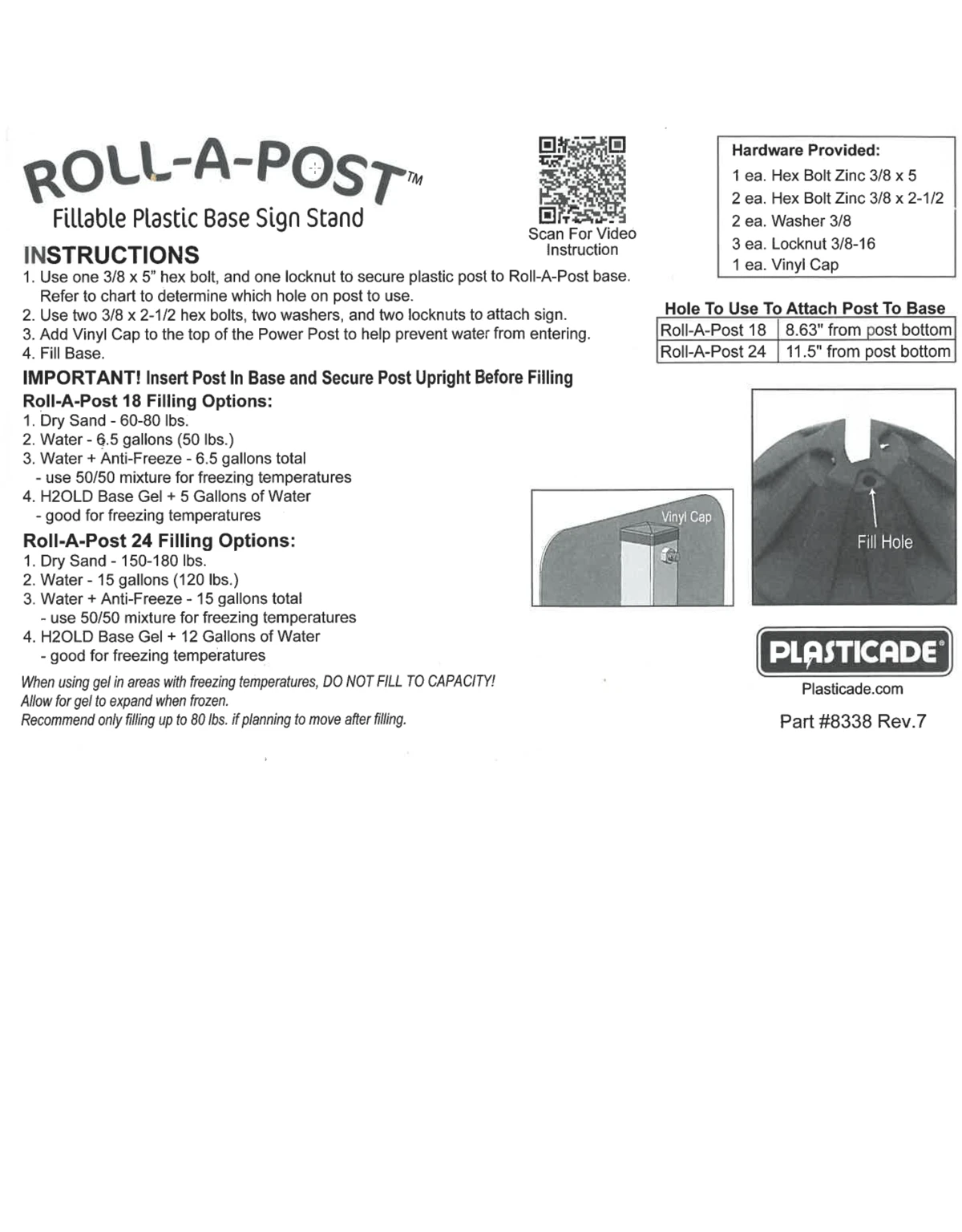Roll-A-Post™ Portable Sign Post, 24" Black Base with 60" Tall White ...