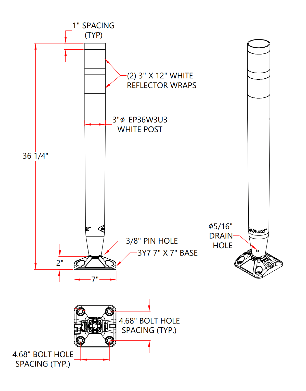 36" White U Flex Delineator 2 Reflectors Concrete Mount Base ...