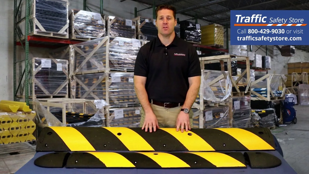 6' Economy Black & Yellow Rubber Speed Bump with Four (4) 14" Rebar ...